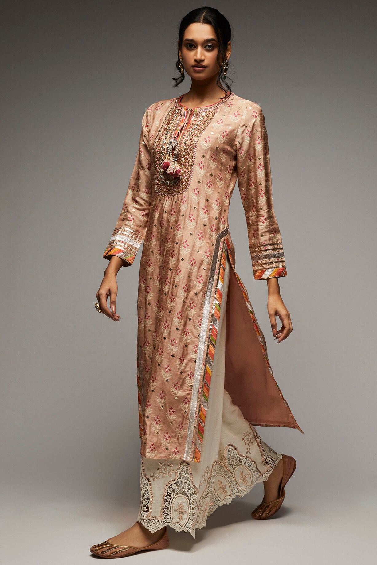 Blush Pink Tussar Silk Embroidered Tunic Set by GOPI VAID at Pernia's ...