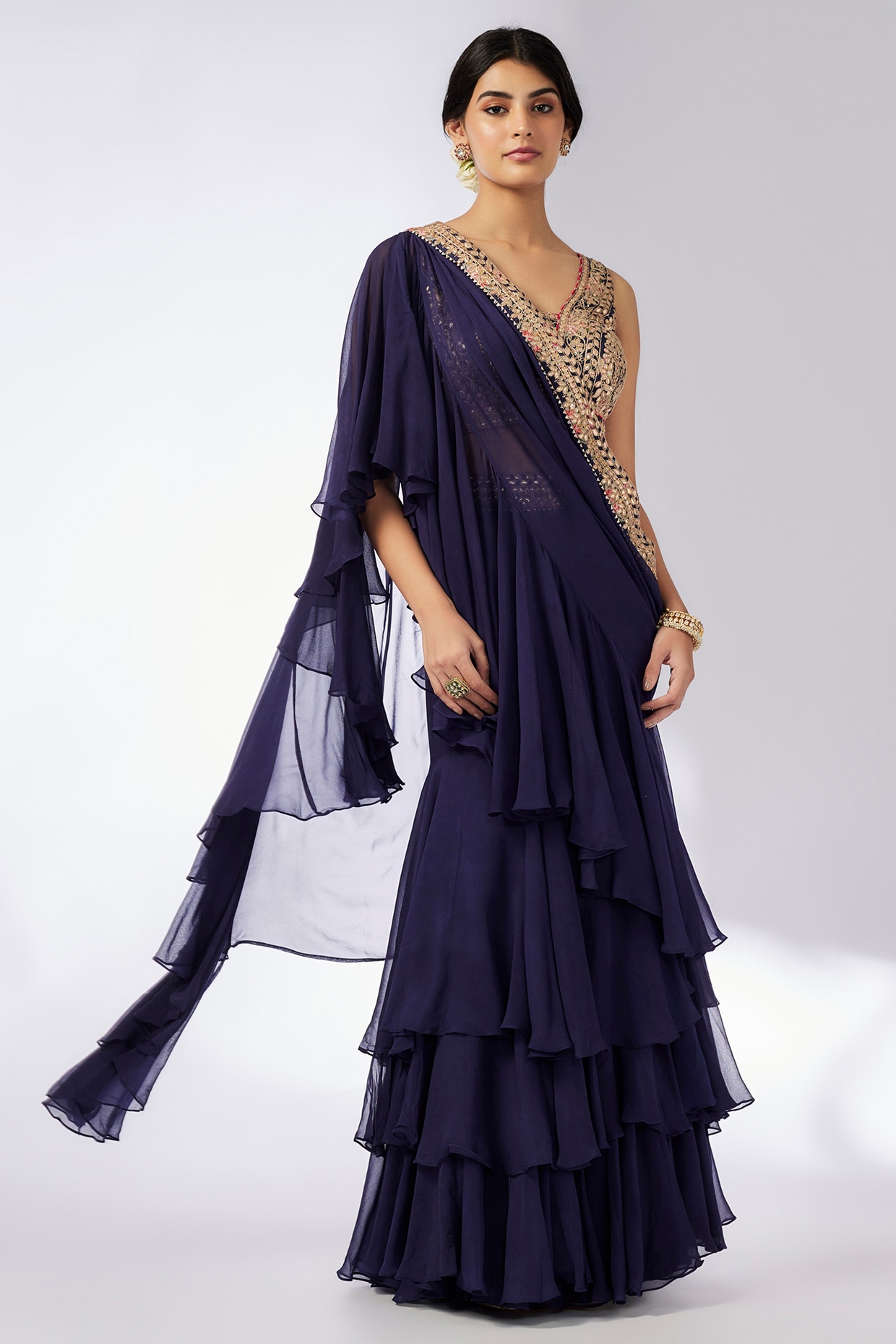 Navy Blue Georgette Frilled Saree Set by GOPI VAID at Pernia's Pop Up ...