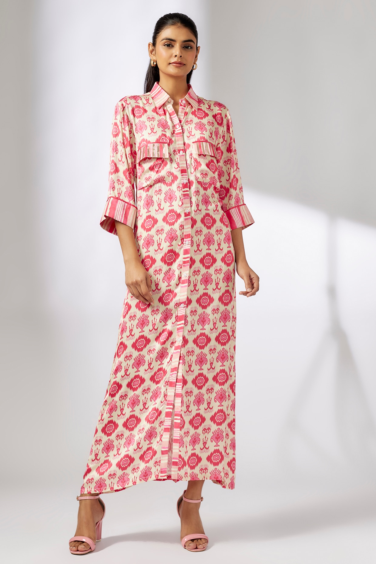 Pink Satin Ikat Printed Shirt Dress by GOPI VAID at Pernia's Pop Up Shop 2025
