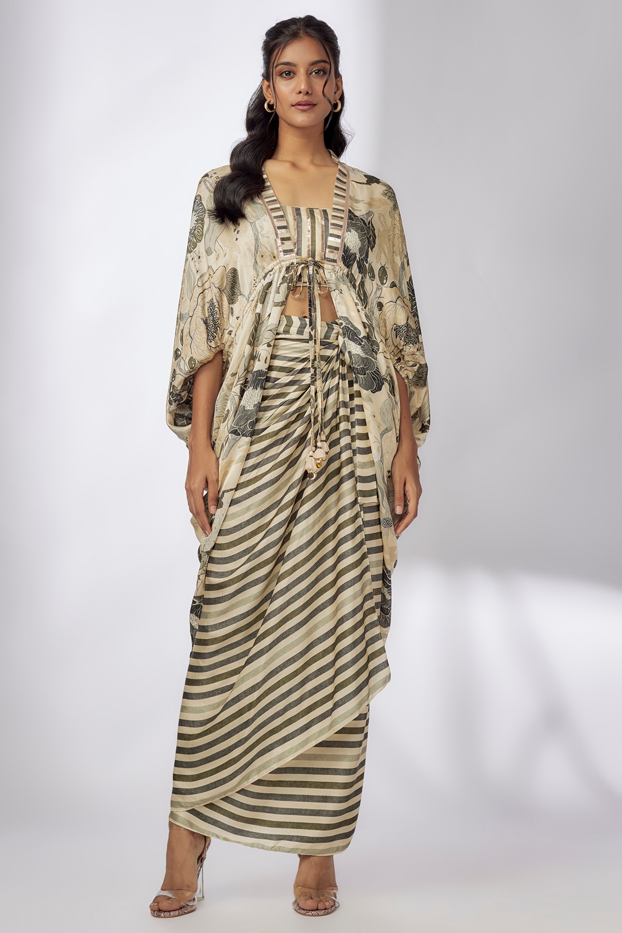Ivory & Black Satin Striped Draped Skirt Set by GOPI VAID at Pernia's Pop Up Shop 2024