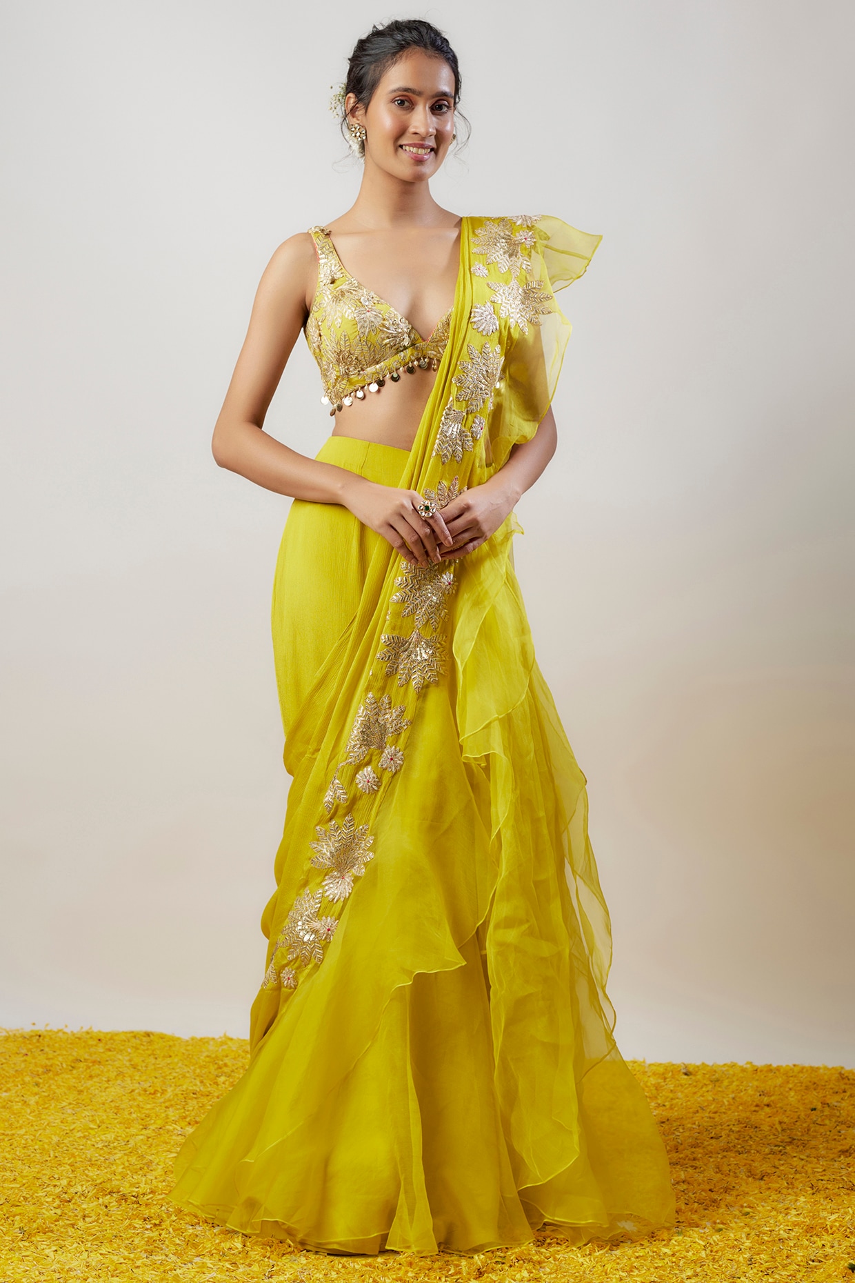 Yellow Chiffon Ruffled Saree Set by GOPI VAID at Pernia's Pop Up Shop 2025