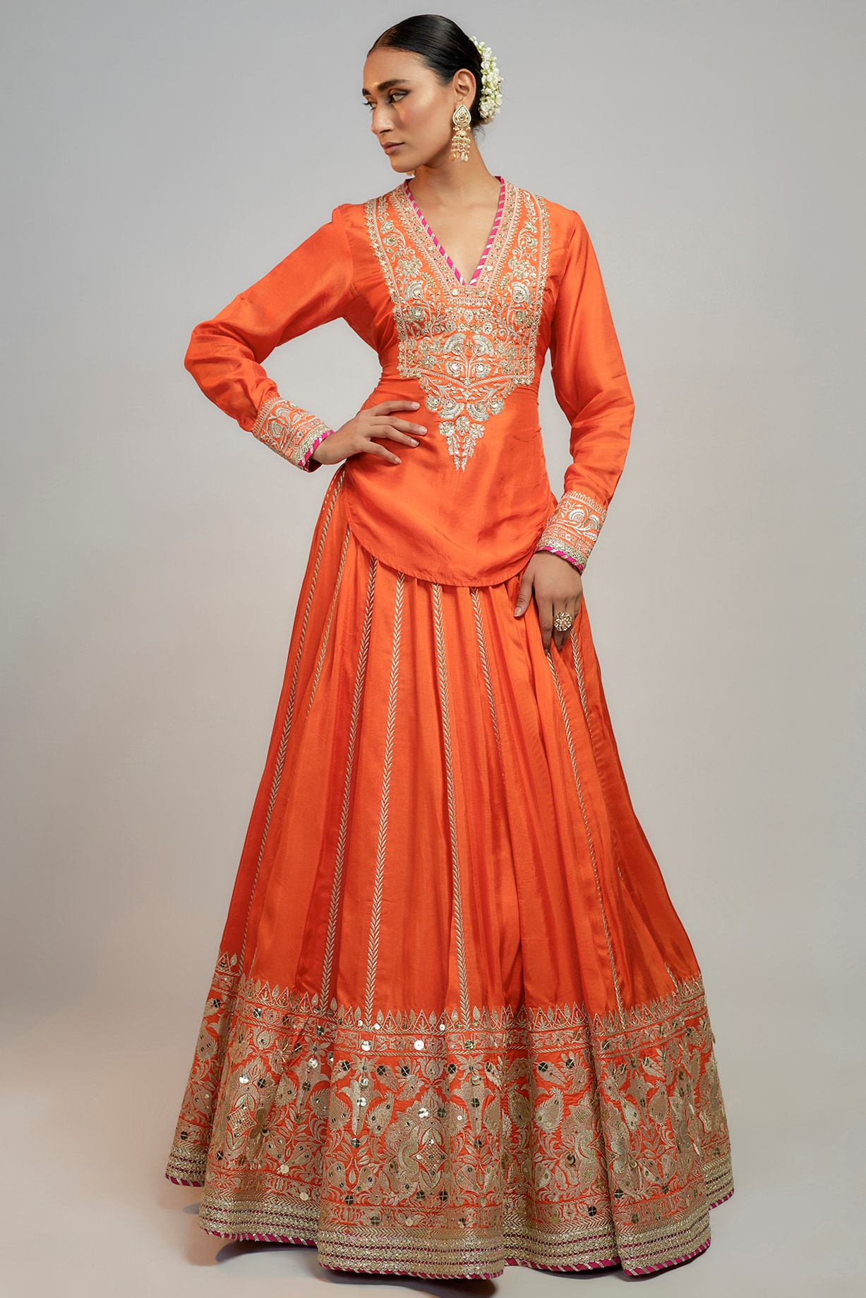 Orange Tussar Hand & Machine Embroidered Wedding Lehenga Set by GOPI ...