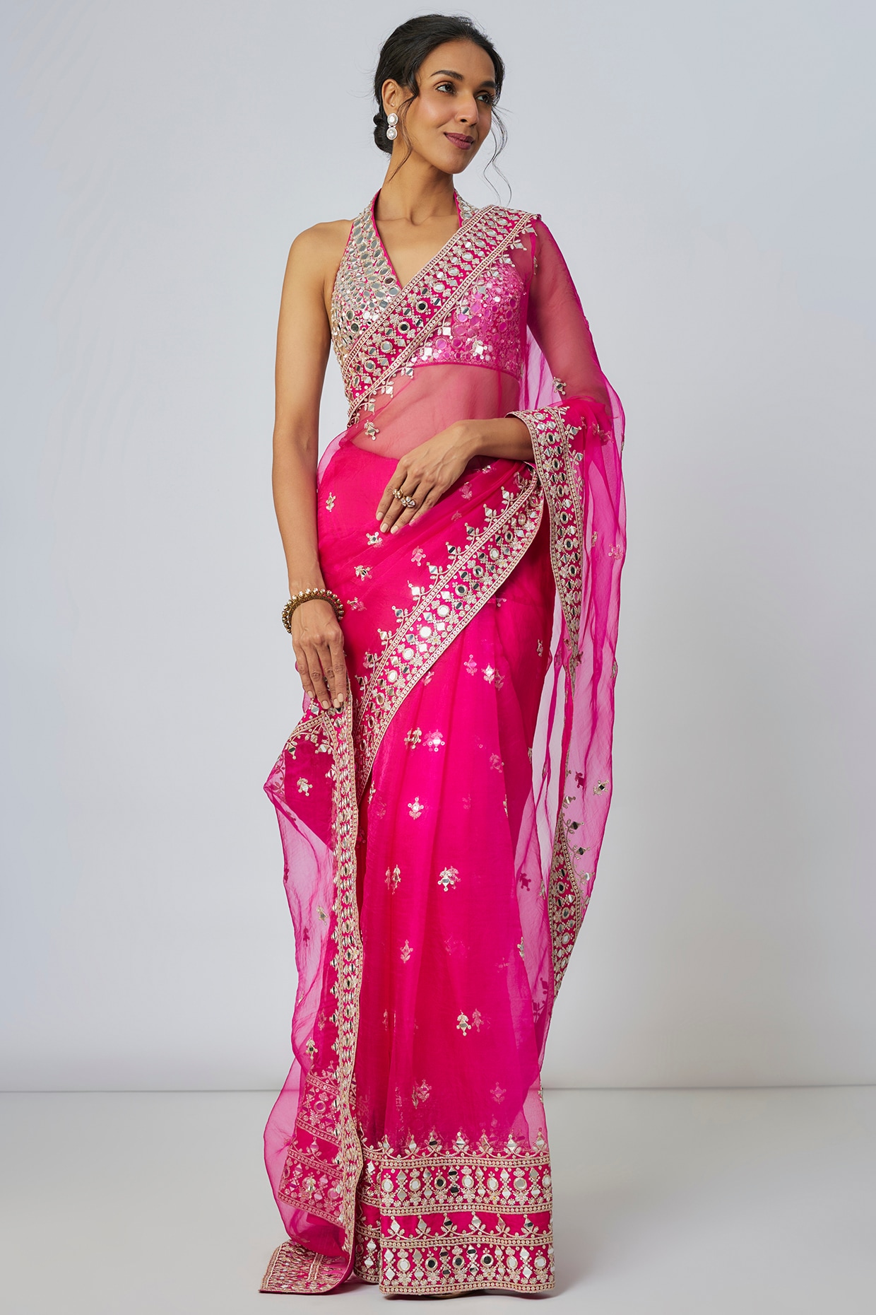 Pink Organza Mirror Work Saree Set by Gopi Vaid at Pernia's Pop Up Shop ...