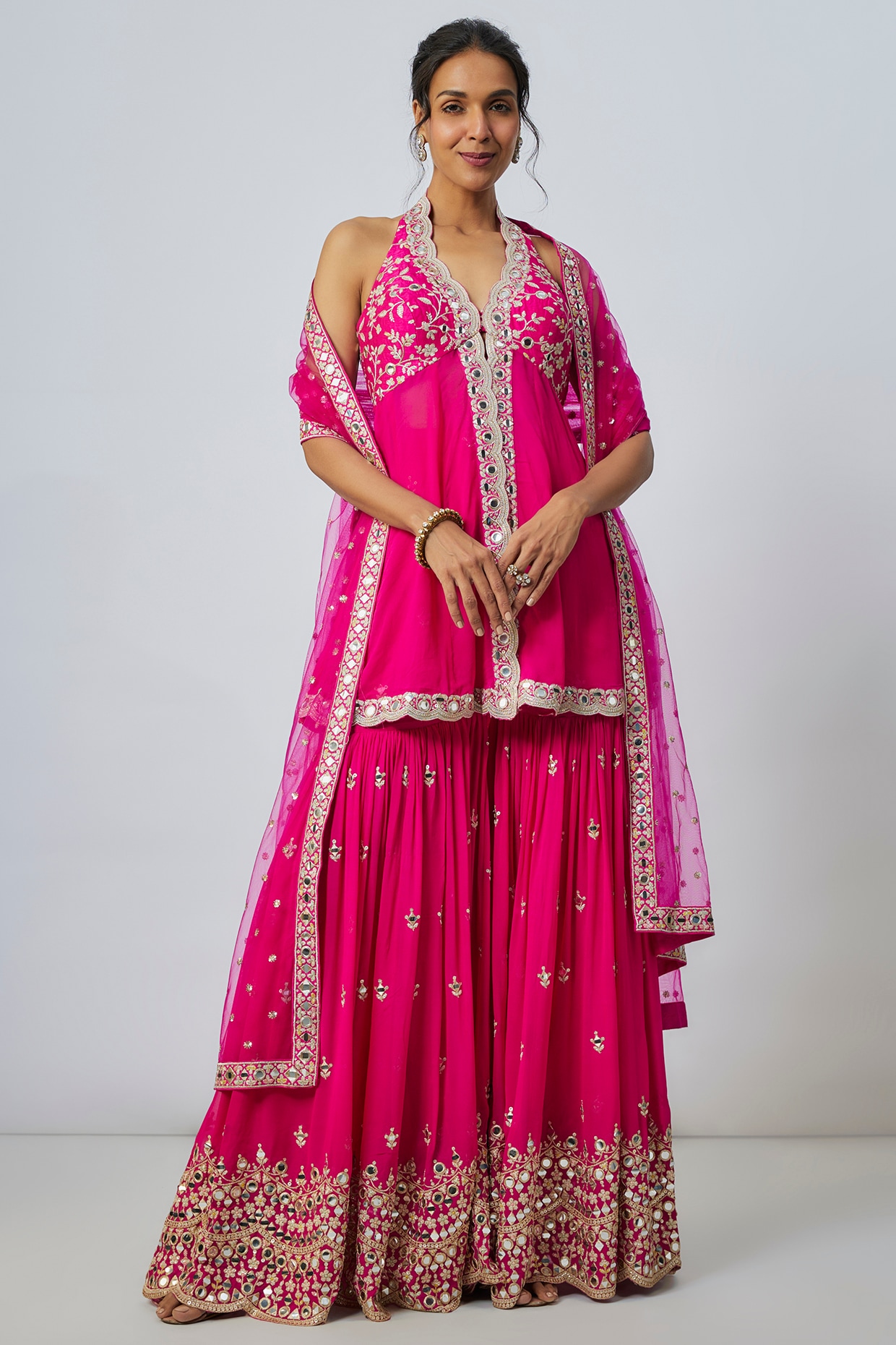 Pink Georgette Mirror Embroidered Scalloped Sharara Set by GOPI VAID at ...