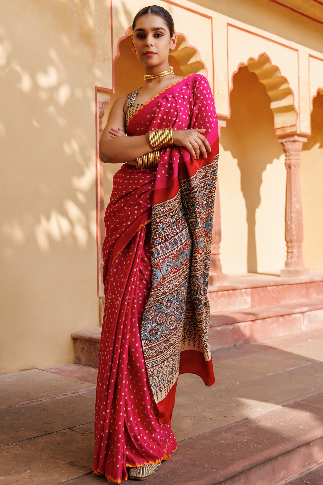 Magenta Pink Gajji Silk Hand Block Printed Bandhani Saree Set by Geroo ...