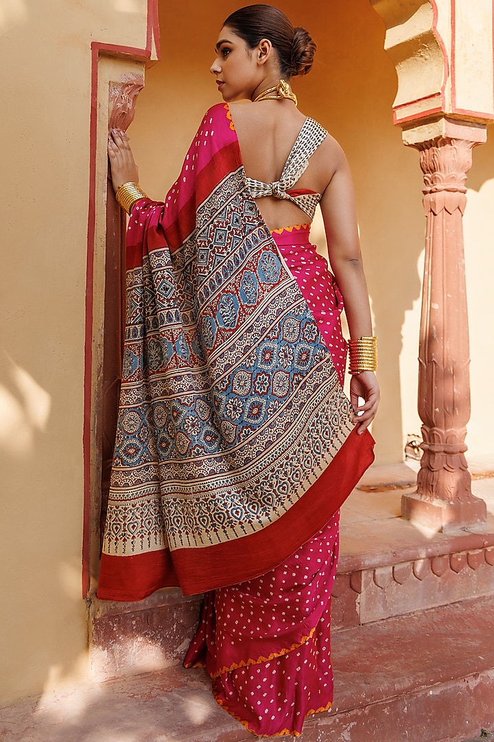 Magenta Pink Gajji Silk Hand Block Printed Bandhani Saree Set by Geroo ...