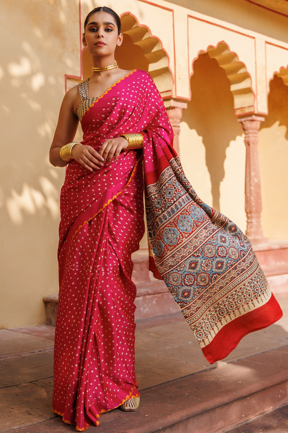 Magenta Pink Gajji Silk Hand Block Printed Bandhani Saree Set by Geroo ...