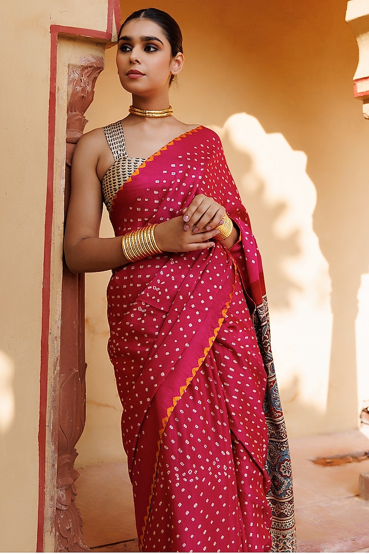 Magenta Pink Gajji Silk Hand Block Printed Bandhani Saree Set by Geroo ...