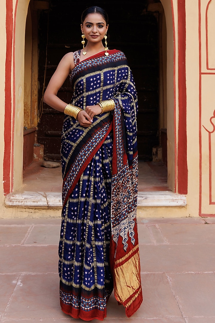 Blue & Maroon Modal Silk Hand Block Printed Gharchola Bandhani Saree ...