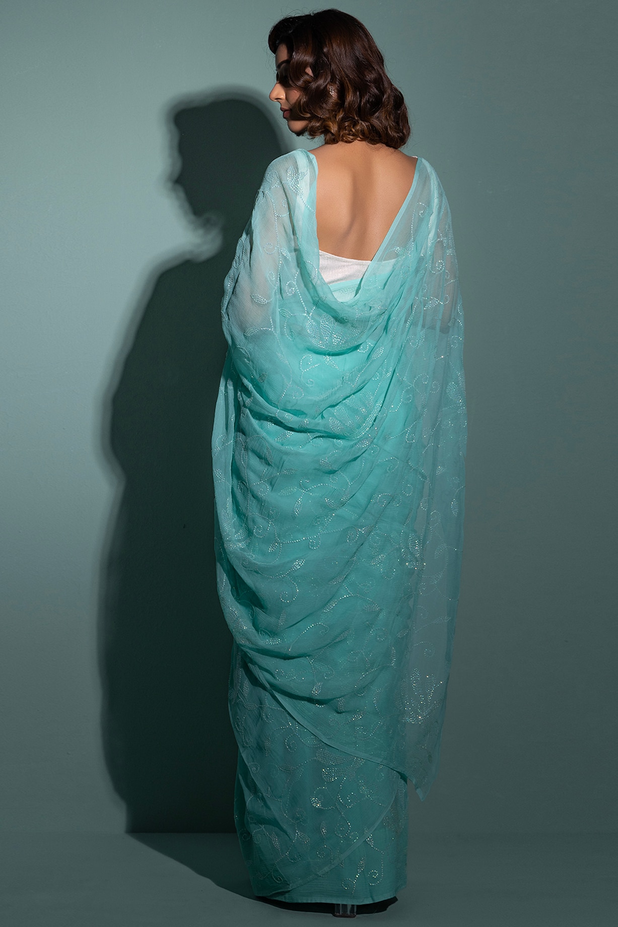 Blue Pure Chiffon Sequins Embroidered Saree Set by Geroo Jaipur at ...