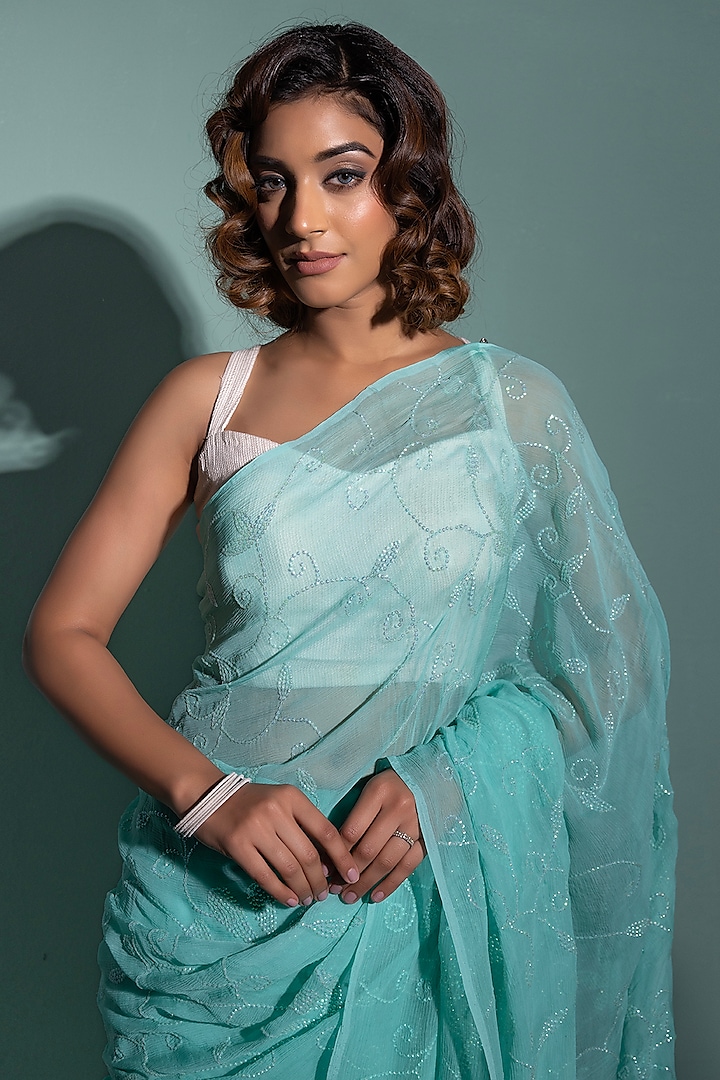 Blue Pure Chiffon Sequins Embroidered Saree Set by Geroo Jaipur at ...