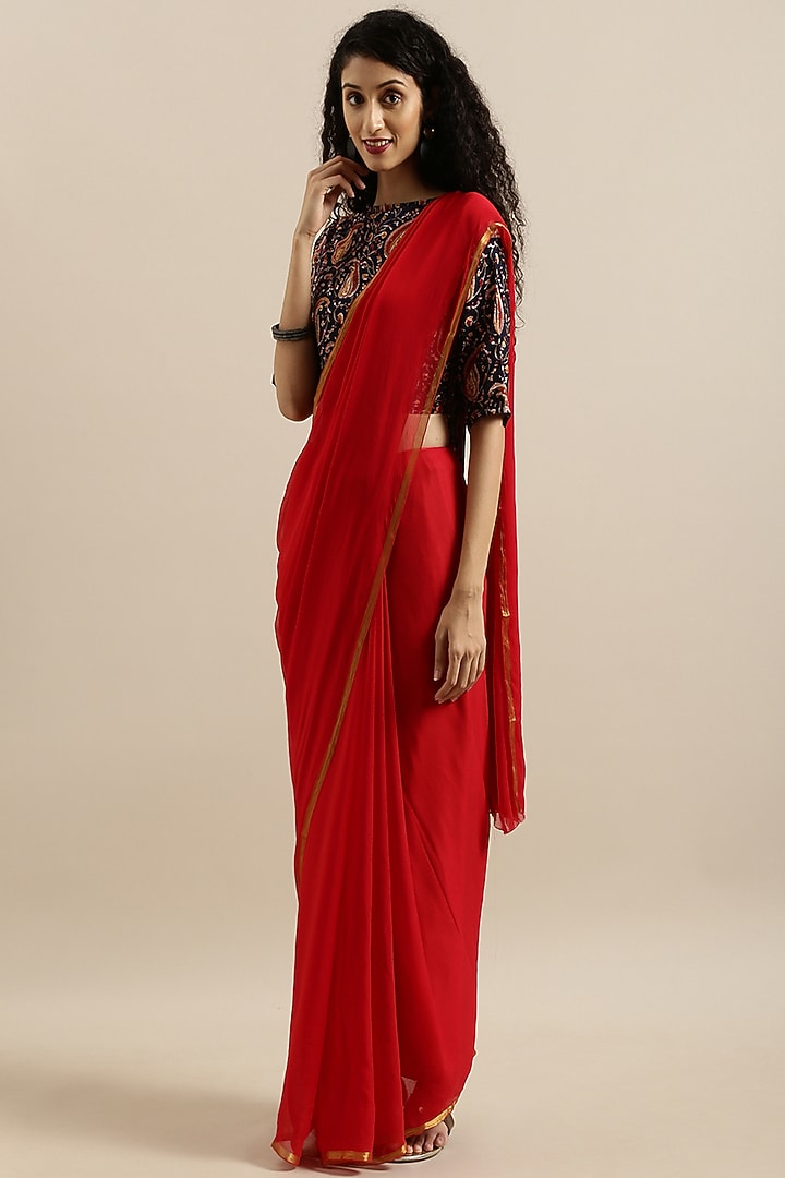 Red Chiffon Hand Dyed & Embellished Saree Set Design by Geroo Jaipur at ...