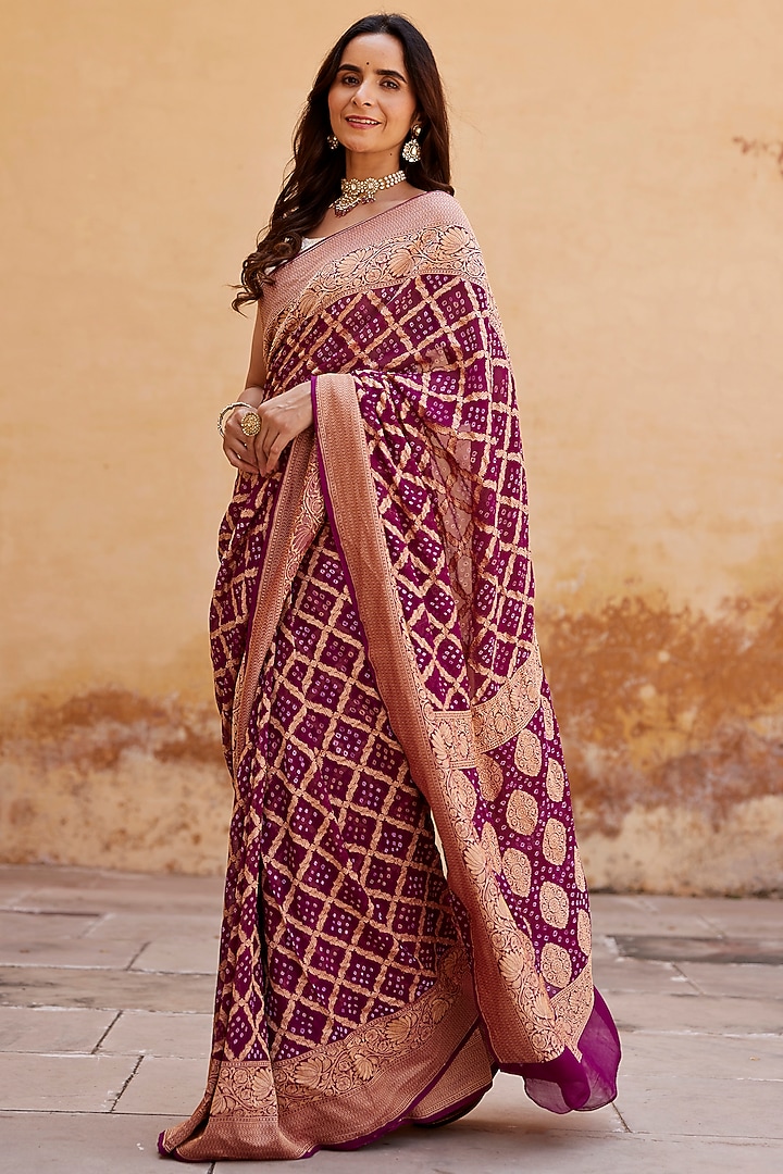 Wine Banarasi Georgette Bandhani Saree Set Design by Geroo Jaipur at ...
