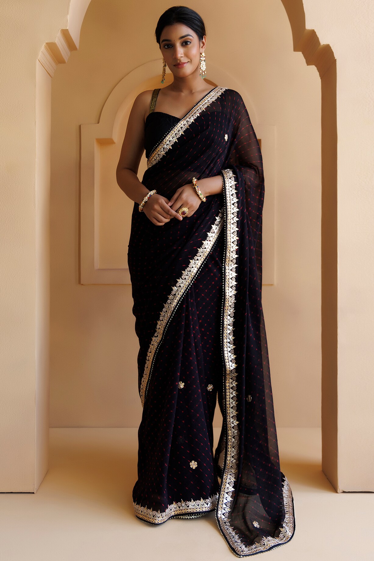 Black Pure Georgette Gota Patti Hand Embroidered Leheriya Saree Set by ...