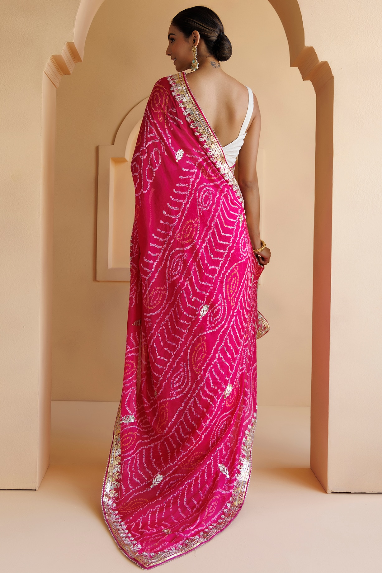 Pink Pure Georgette Gota Patti & Pearl Hand Embroidered Bandhani Saree ...
