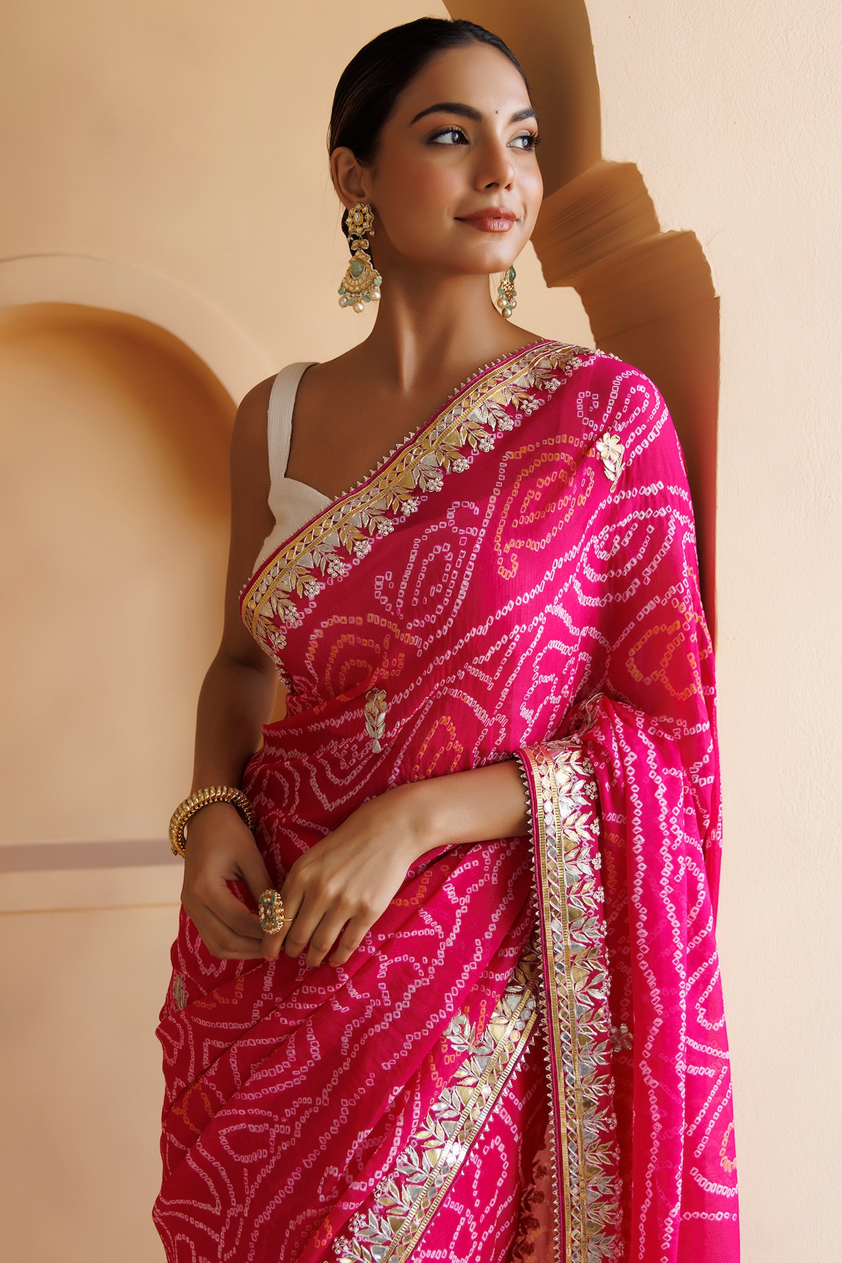Pink Pure Georgette Gota Patti & Pearl Hand Embroidered Bandhani Saree ...