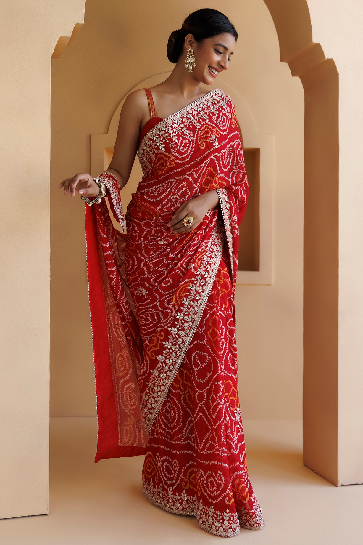 Red Pure Georgette Pearl & Gota Patti Hand Embroidered Bandhani Saree ...