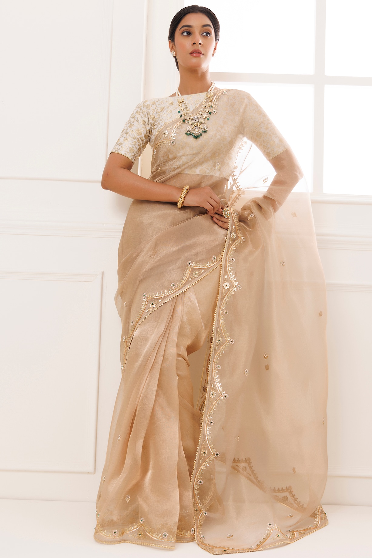 Beige Pure Tissue Floral Gota Patti Embroidered Saree Set by Geroo ...