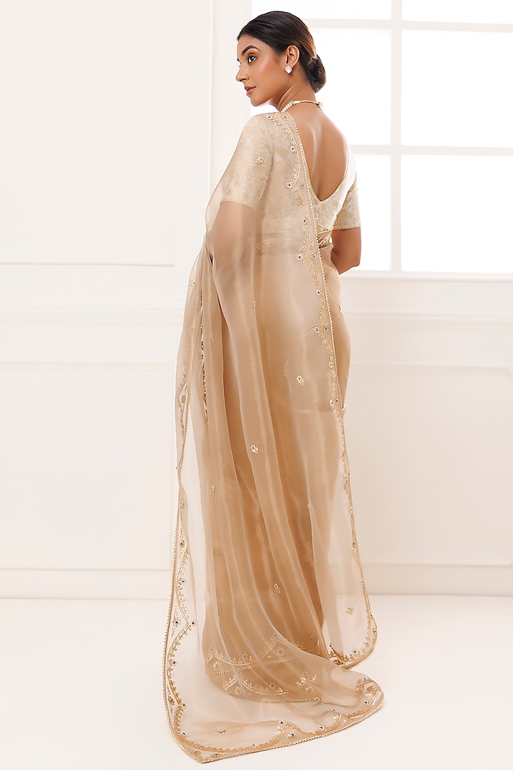 Beige Pure Tissue Floral Gota Patti Embroidered Saree Set by Geroo ...