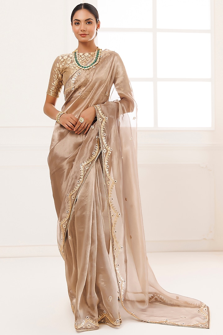 Bronze Pure Tissue Embroidered Saree Set by Geroo Jaipur at Pernia's ...