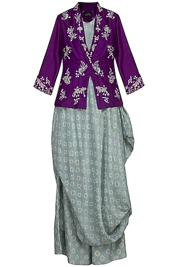 Greyish blue drape and pants with purple embroidered jacket Design by ...