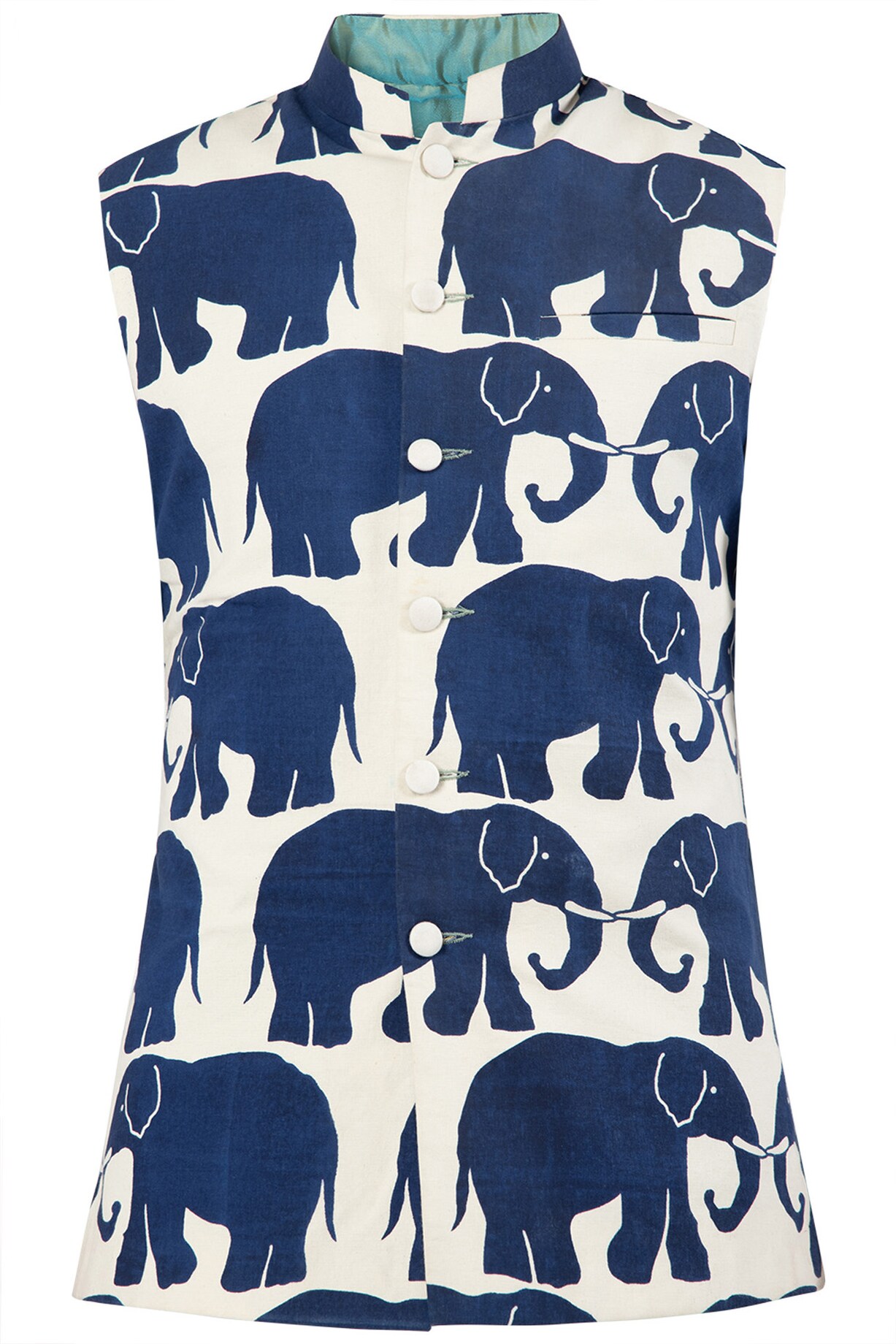 White indigo elephant motifs printed nehru jacket available only at ...