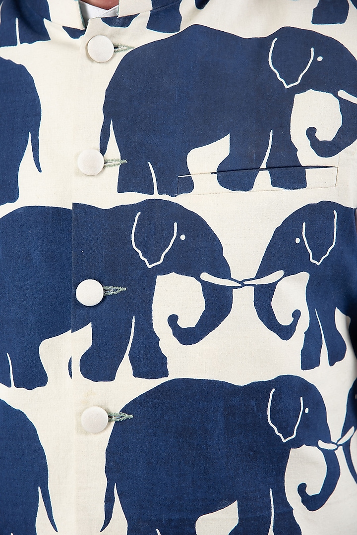 White indigo elephant motifs printed nehru jacket available only at ...