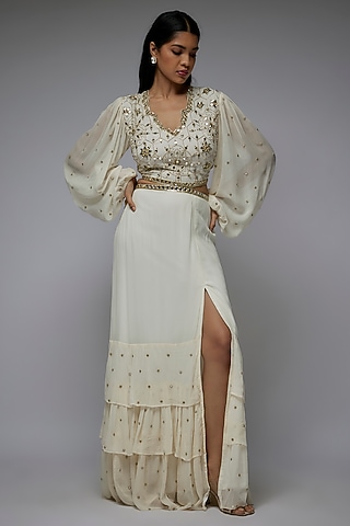 Ivory Georgette Hand & Machine Embroidered Layered Gown by Gulal ...