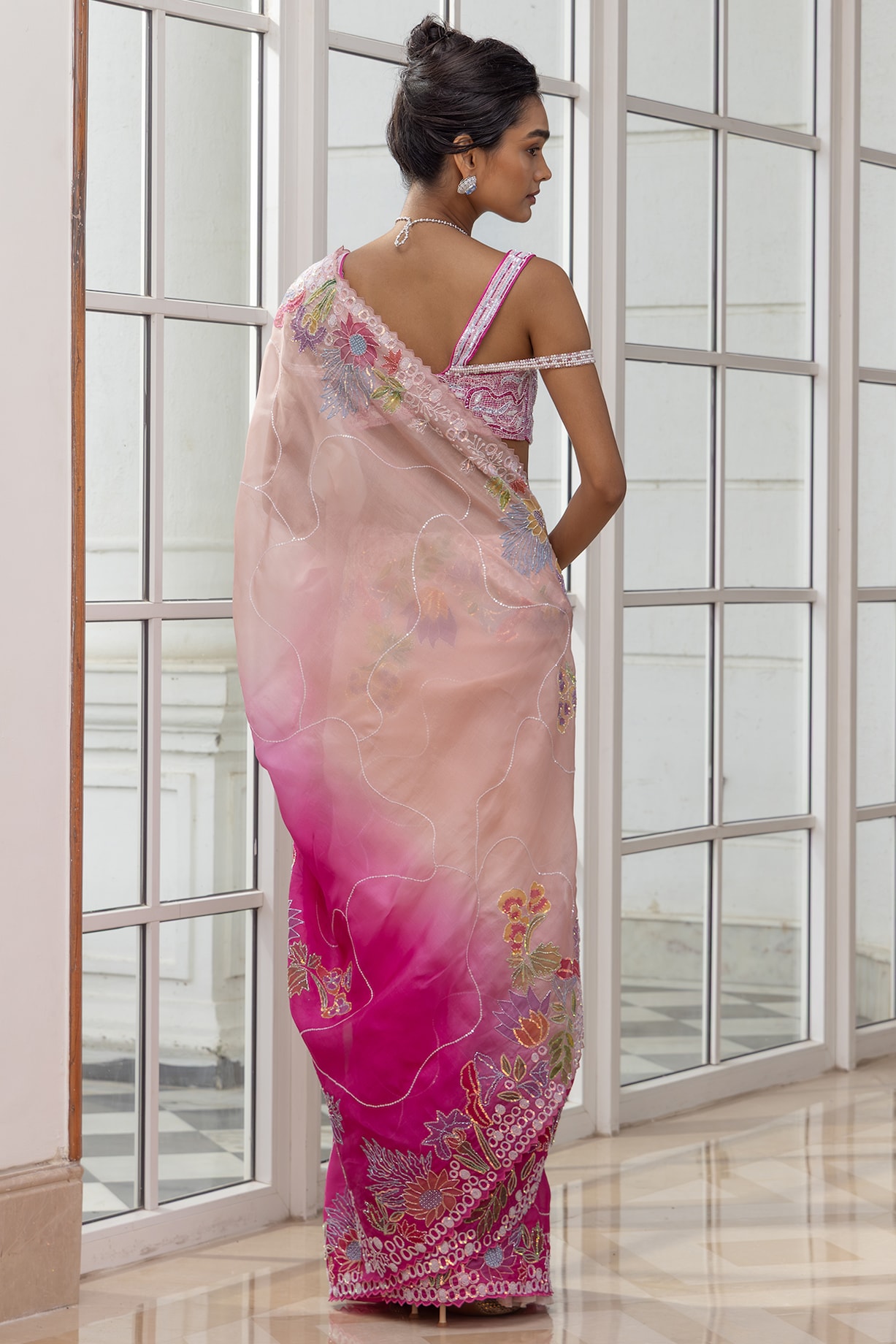 Ivory & Pink Dual Shaded Organza Ombre Embroidered Pre-Draped Wedding ...