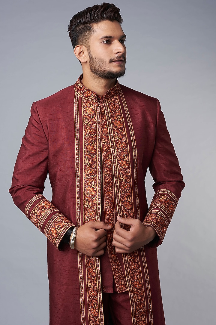 Brick Red Fusion Suit by Hemant Trevedi Men at Pernia's Pop Up Shop 2025