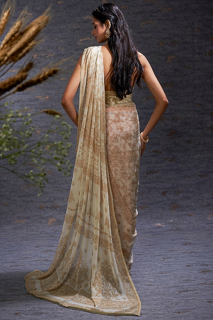 Snow And Camel Printed Georgette Embroidered Saree Set By Hemant Trevedi At Pernias Pop Up Shop 2024