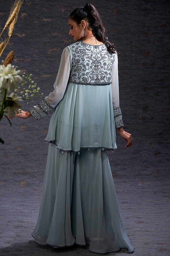 Pewter & Charcoal Georgette Printed Pant Set by Hemant Trevedi at ...