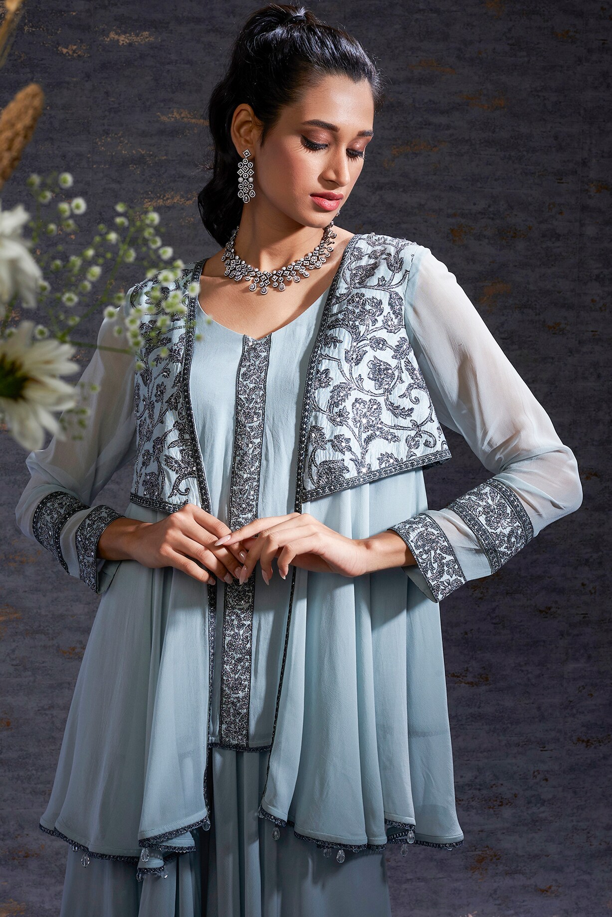 Pewter & Charcoal Georgette Printed Pant Set by Hemant Trevedi at ...