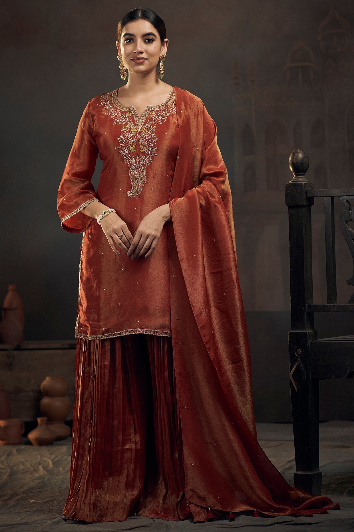 Rust Orange Tissue Pleated Sharara Set by Hirika & Dhruti Label at ...