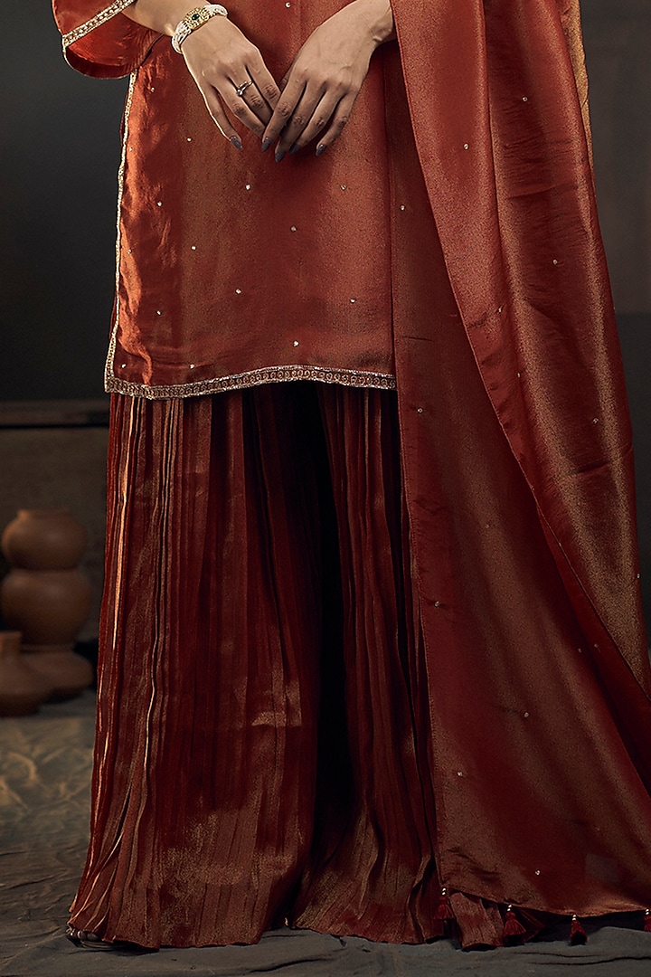 Rust Orange Tissue Pleated Sharara Set Design by Hirika & Dhruti Label ...
