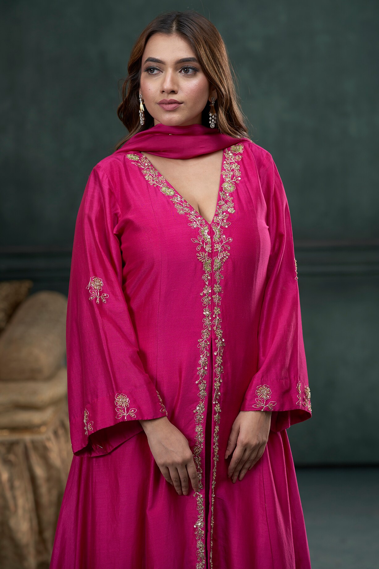 Rani Pink Silk Marodi Embroidered Kalidar Jacket Kurta Set by Hirika ...