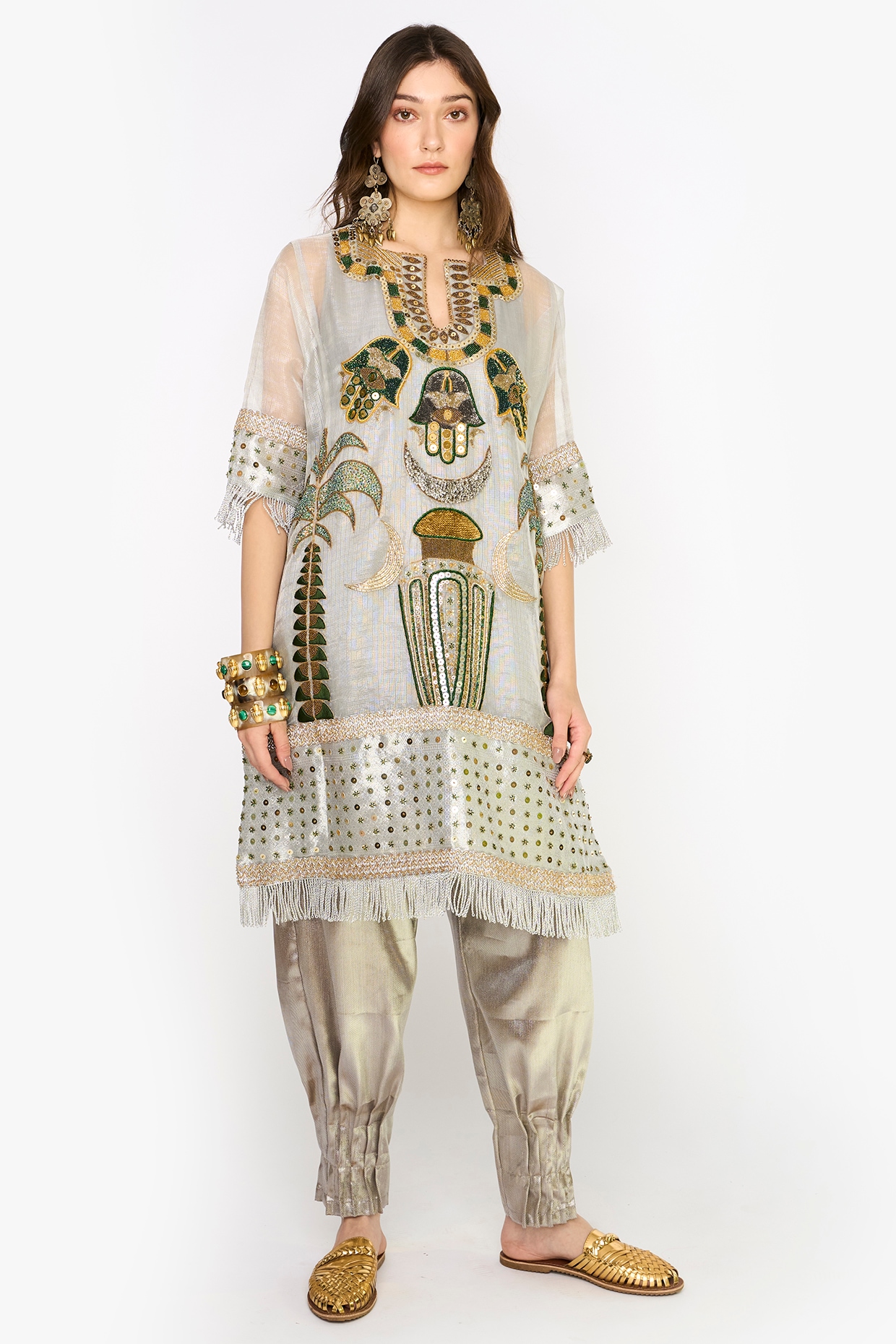 Silver Silk Organza Hand Embroidered Tunic Set by HEIRLOOM by Rara Avis ...
