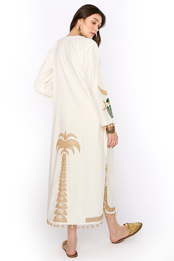 Off-White Cotton Satin Dabka & Aari Hand Embroidered Column Dress by ...