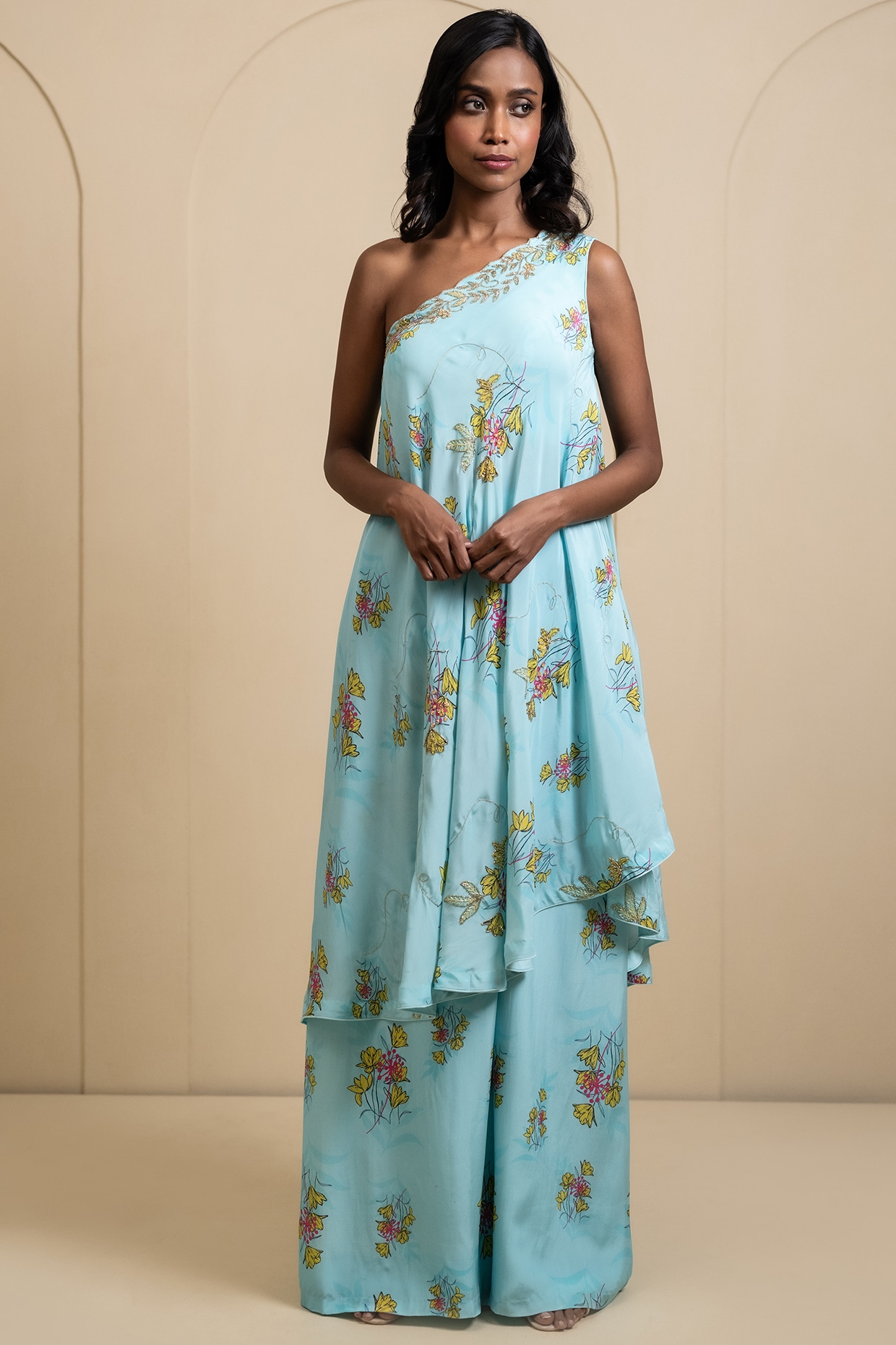 Light Blue Crepe Blend Printed Sharara Set by House of Astha Bhatt at ...