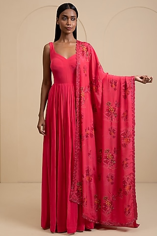 Magenta Pink Crepe Blend Anarkali Set by House of Astha Bhatt at Pernia ...