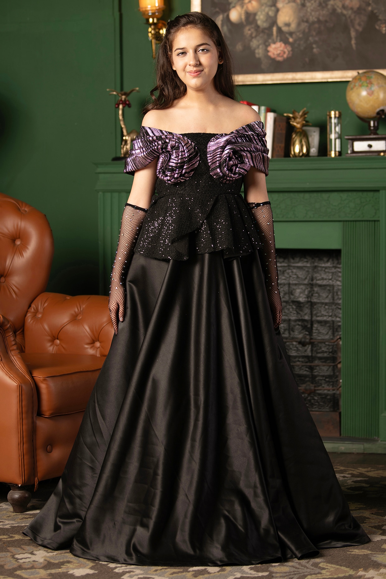 Black Dutch Satin Sequined Gown For Girls by Hoity Moppet at Pernia's ...