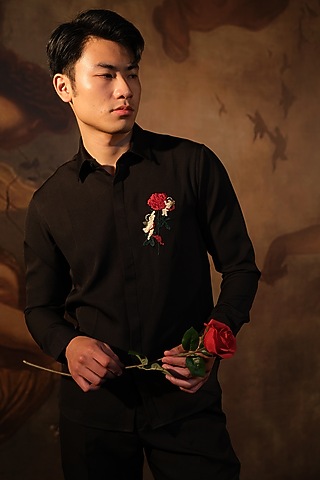 Black Italian Banana Crepe Embroidered Shirt by HOUSE OF KOA at Pernia ...