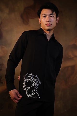 Black Italian Banana Crepe Thread Embroidered Shirt by HOUSE OF KOA at ...