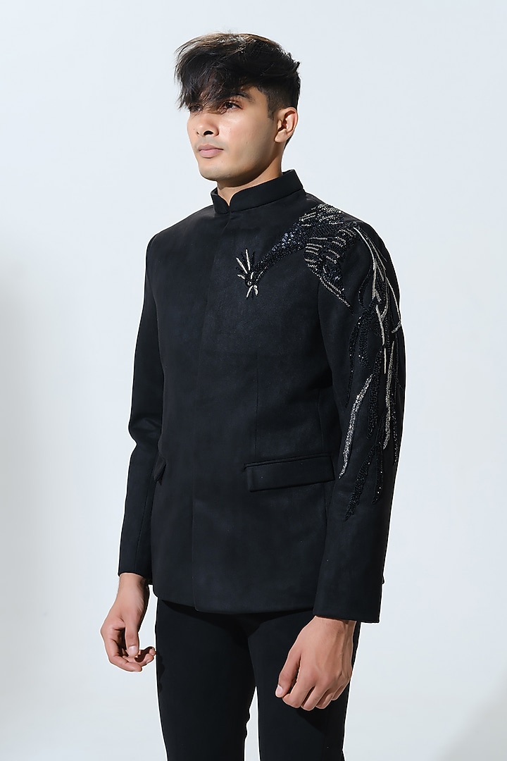Black Suede Hand Embroidered Bandhgala Set by HOUSE OF KOA at Pernia's ...