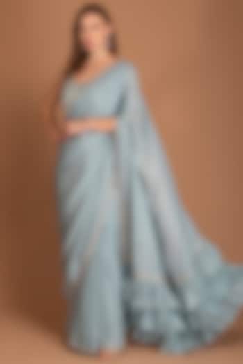 Ice Blue Silk Resham Hand Embroidered Ruffled Saree Set by House of ...
