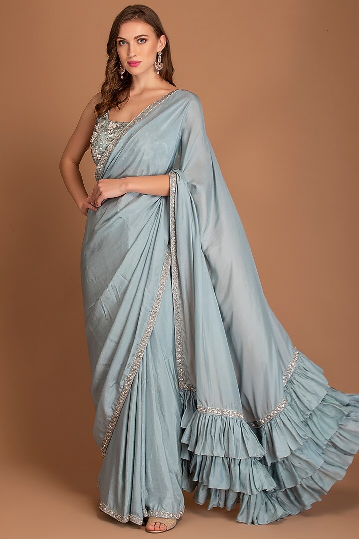Ice Blue Silk Resham Hand Embroidered Ruffled Saree Set by House of ...