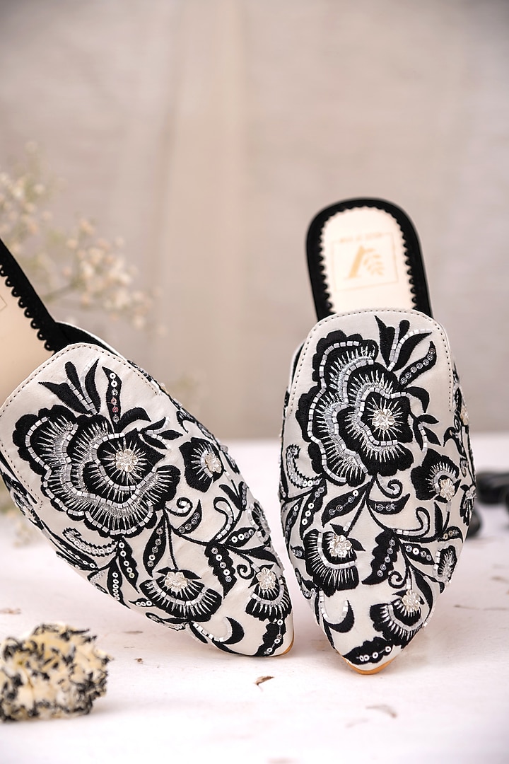 White Cotton Satin Floral Embroidered Mules by House of Vian at Pernia ...