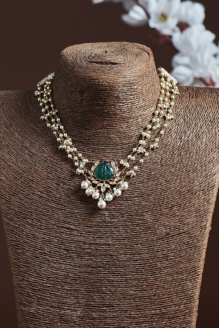 Gold Finish Moissanite Polki & Emerald Choker Necklace In Sterling ...