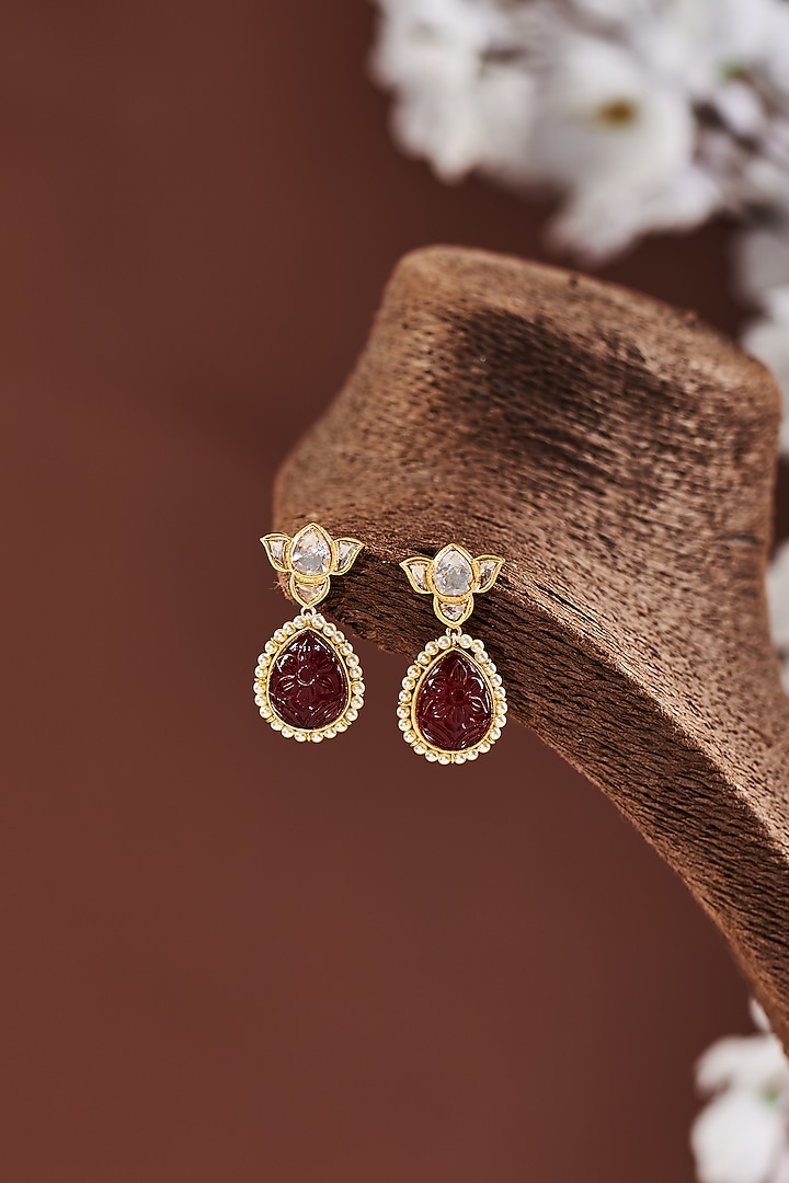 Gold Finish Moissanite Polki & Ruby Stone Dangler Earrings In Sterling ...