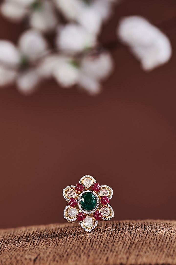 Gold Finish Faux Emerald & Ruby Ring In Sterling Silver by Hunar at ...